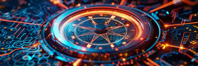 Futuristic Compass on Circuit Board with Glowing Lights Stock Photo ...