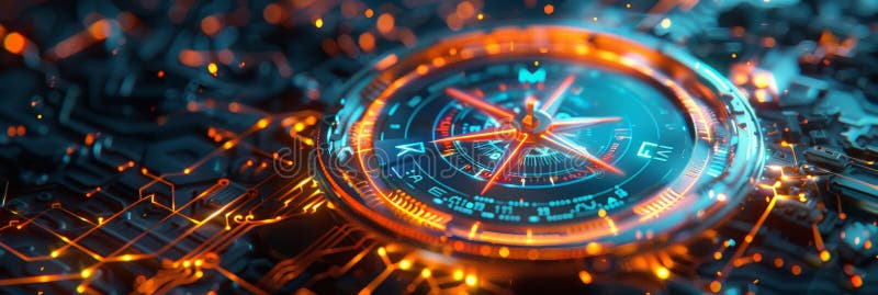 Futuristic Compass on Circuit Board with Glowing Lights Stock Photo ...