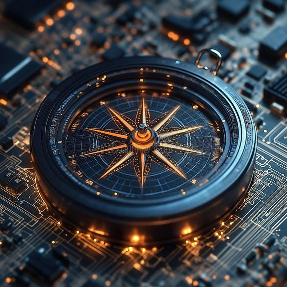 Futuristic Compass Sits on Tech Circuit Board. Advanced Navigation Tool ...