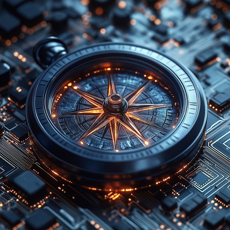Futuristic Compass on Tech Circuit Board. Advanced Navigation Device ...