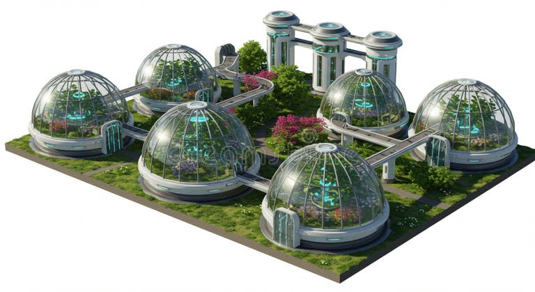 Futuristic Complex Featuring Six Interconnected Geodesic Domes. Each ...