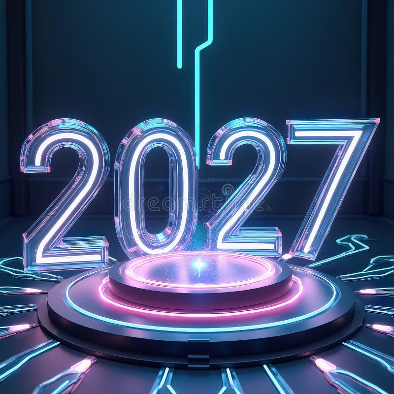 Futuristic 2027 Neon Sign on Illuminated Platform in Dark Space Stock ...