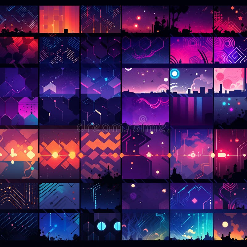 Neon Geometric Nightscape Mosaic Stock Photo - Image of design, font ...