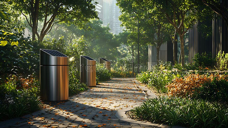 Futuristic Composting Bins in Lush Garden Setting with Vibrant Flowers ...
