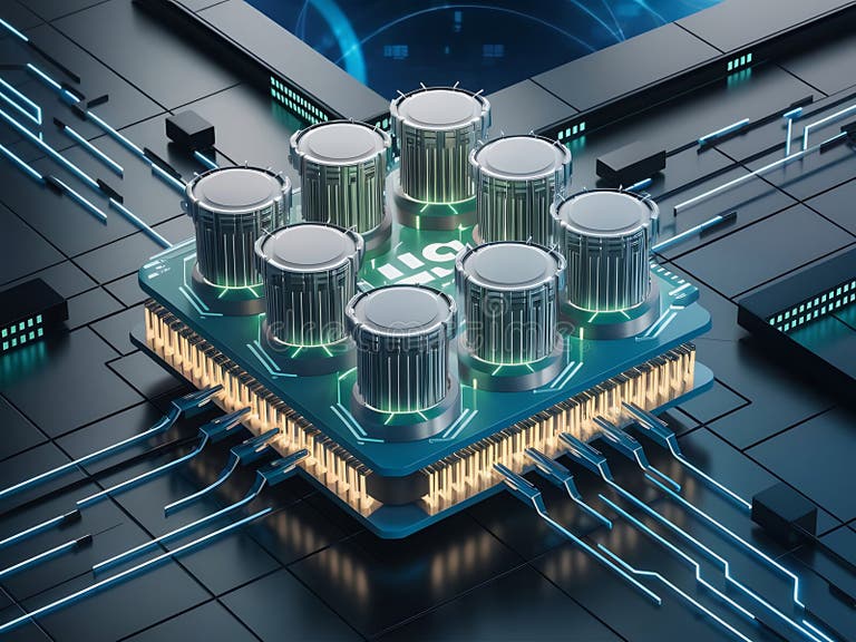 Futuristic Computer Chip with Glowing Circuit Lines and Cylindrical ...