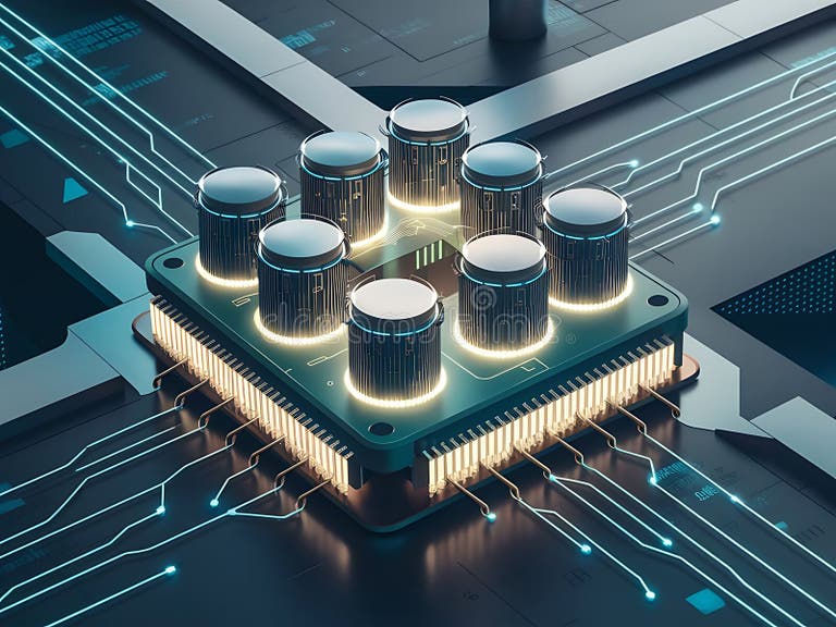 Futuristic Computer Chip with Glowing Circuit Lines and Cylindrical ...