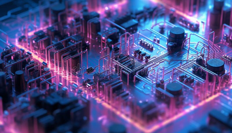 Futuristic Computer Chip Glows with Electricity, Part of Complex ...