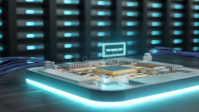 Futuristic Computer Chip and Server Racks with Glowing Technology Sign ...