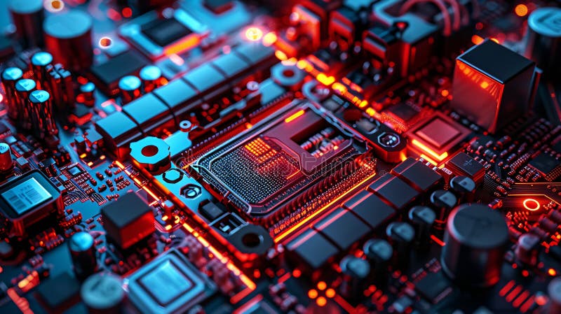Futuristic Computer Circuit Board with Glowing Red Lights and Advanced ...