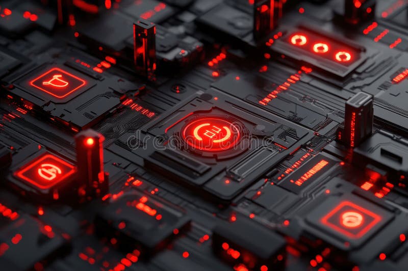 Futuristic Computer Circuit Board Illuminated with Red Glowing Neon ...