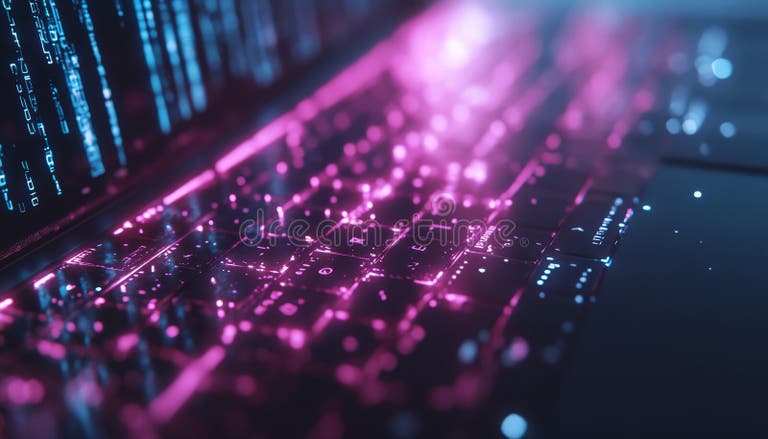 Futuristic Computer Concept with Glowing Keyboard and Abstract Data ...