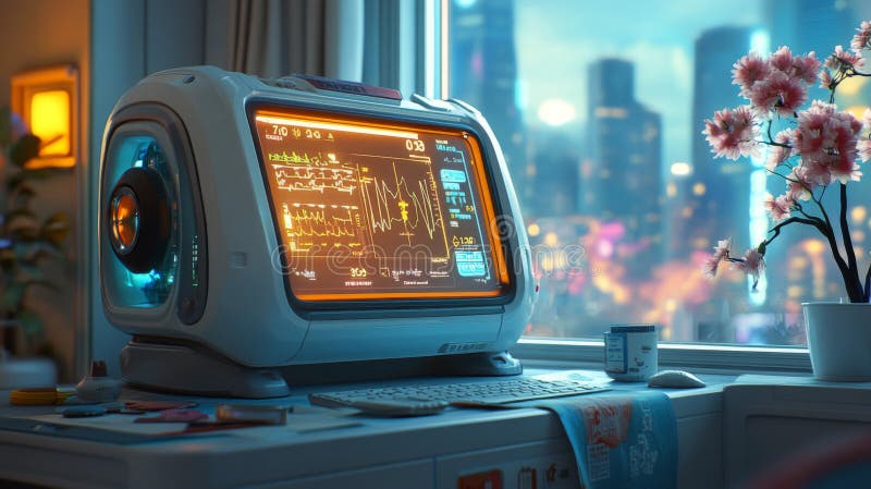 Futuristic Computer on Desk Overlooking Cityscape at Night Stock ...