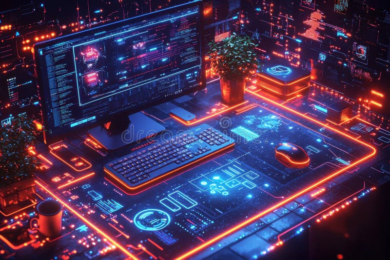 Futuristic Computer Desk Setup with Glowing Digital Interface and Cyber ...