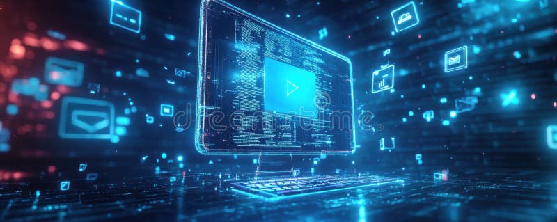 Futuristic Computer with Digital Icons Floating in Virtual Space for ...
