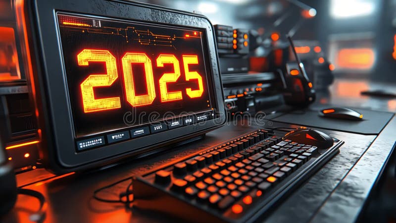 Futuristic Computer Display with Glowing Orange Elements and Keyboard ...