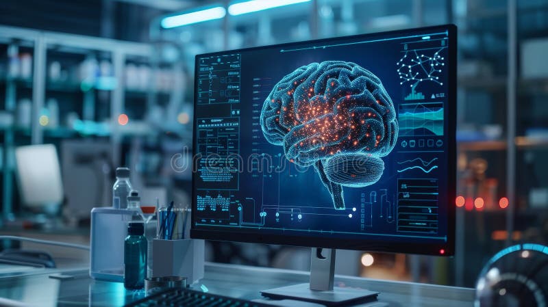 Futuristic Computer Display in Lab Showing a 3D Brain Scan ...