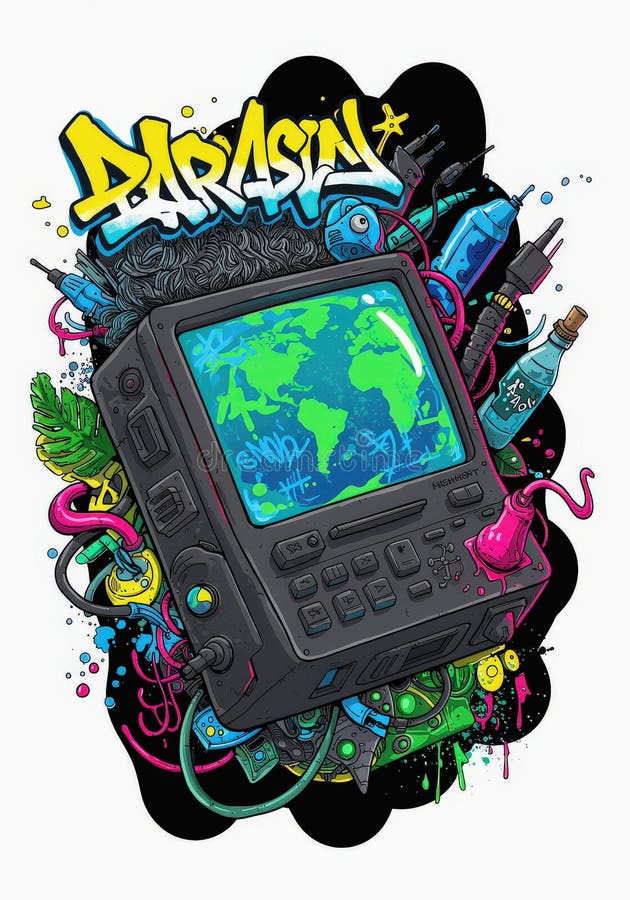 Futuristic Computer Displaying Earth with Graffiti and Tech Accessories ...