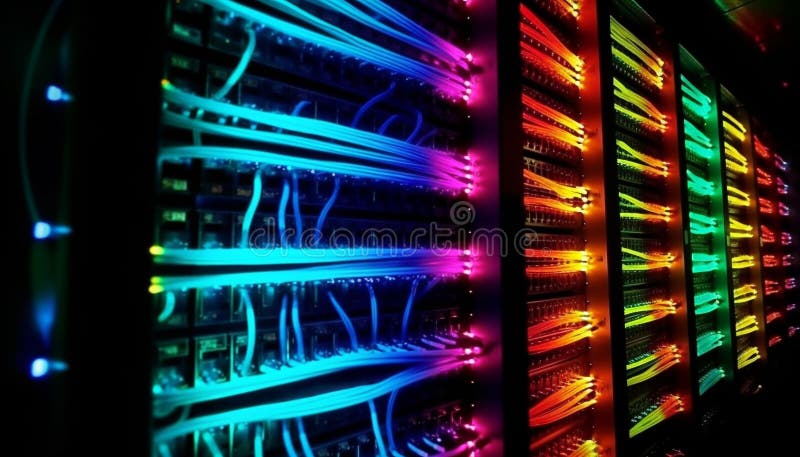 Futuristic Computer Equipment Glows in a Row, Connected To Network ...
