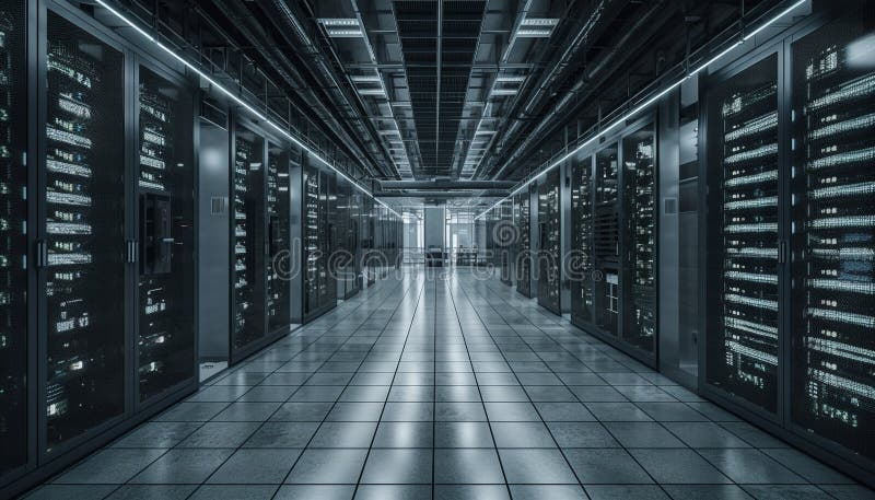 Futuristic Computer Equipment in a Row, Connected by Network Server ...