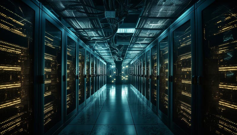 Futuristic Computer Equipment in a Row Inside a Dark Warehouse ...