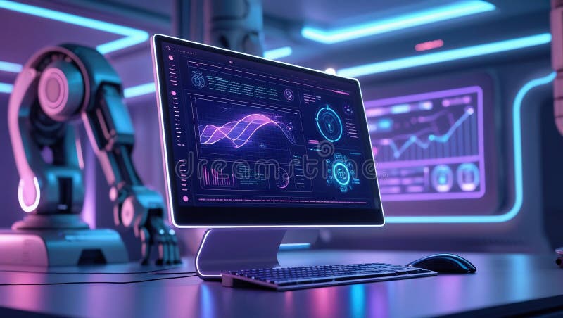 Futuristic Computer with Holographic Interface Panels Stock ...