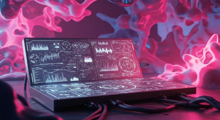 Futuristic Computer Interface Displaying Complex Data Visualizations on a Sleek, Flat Stock ...