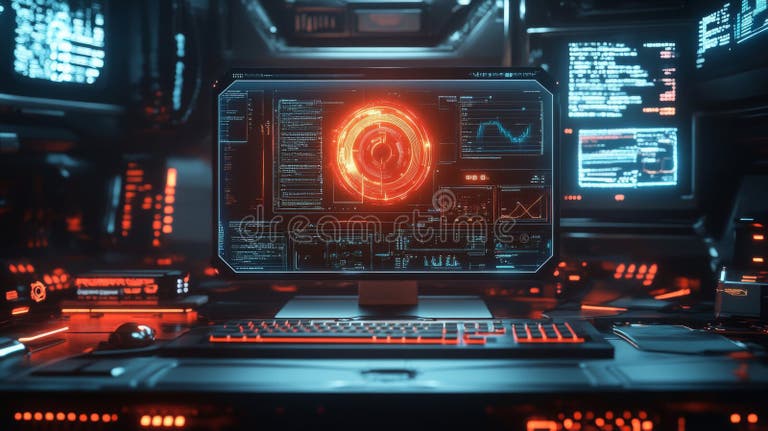 Futuristic Computer Interface with Glowing Orb Display Stock ...