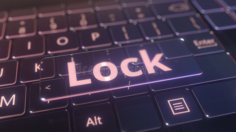 Futuristic Computer Keyboard and Transparent Lock Key. Conceptual 3D ...