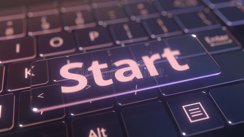 Futuristic Computer Keyboard and Transparent Start Key. Conceptual 3D ...