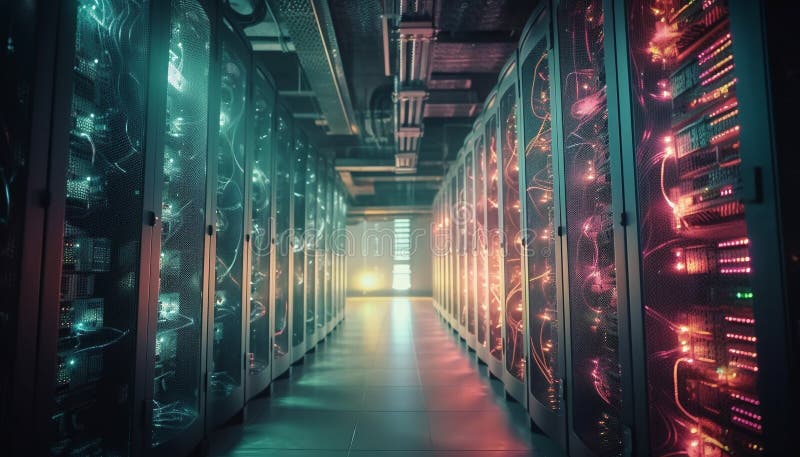 Futuristic Computer Network in Dark Warehouse Illuminates Modern ...