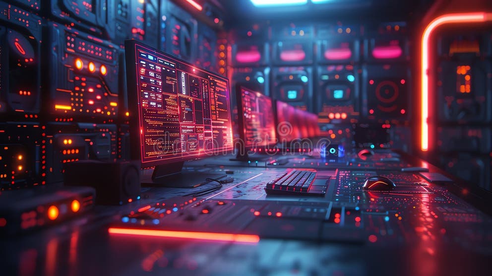 Futuristic Computer Lab with Glowing LED Displays and Advanced ...