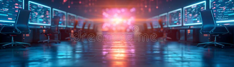 Futuristic Computer Lab with Glowing Screens Stock Illustration ...