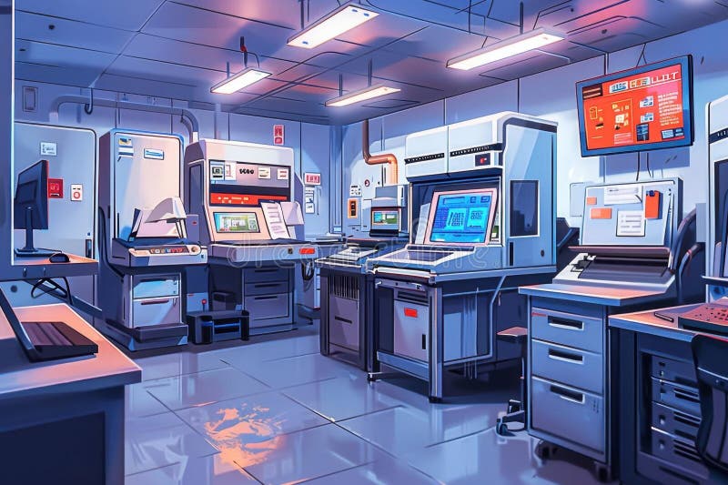 Futuristic Computer Lab Interior with Monitors and Desks Stock ...