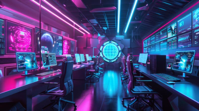 Futuristic Computer Lab with Neon Lights Stock Image - Image of chair ...