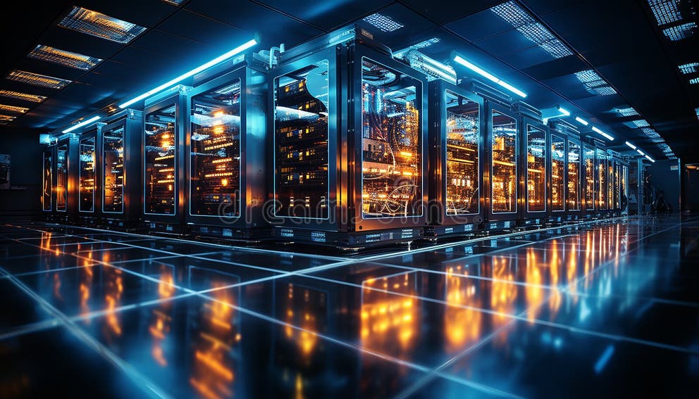 Futuristic Computer Lab Reflects Modern Technology, Data in a Row ...