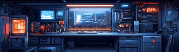 Futuristic Computer Lab Workstation with Glowing Screens and Advanced ...