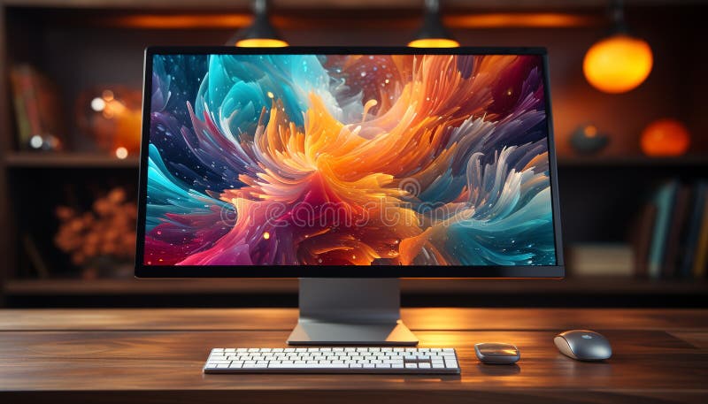 Futuristic Computer Monitor Glows on Dark Office Desk, Sparking ...