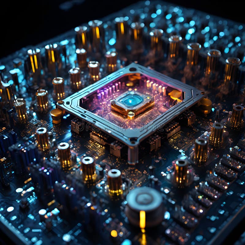Futuristic Computer Motherboard with Illuminated CPU Stock Illustration ...