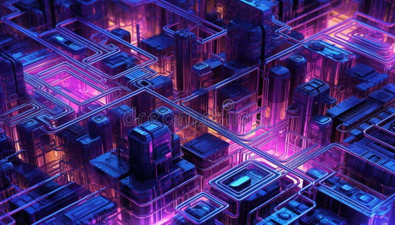 Futuristic Computer Network Illuminates Skyscraper with Glowing Circuit ...