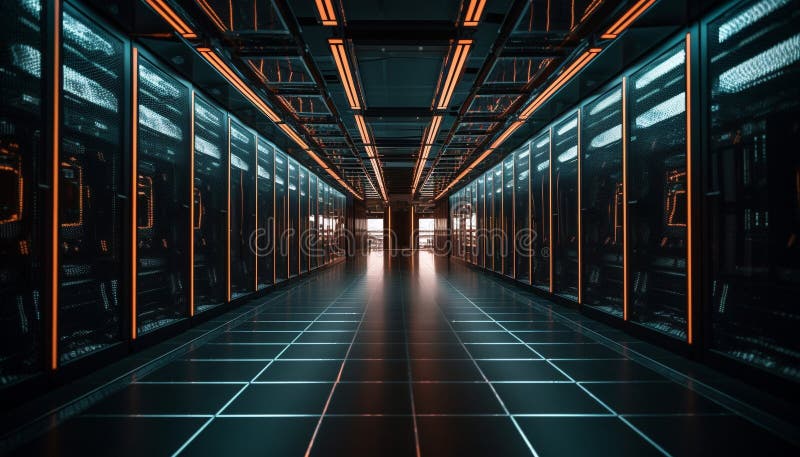 Futuristic Computer Network in a Row, Inside Industry Warehouse ...