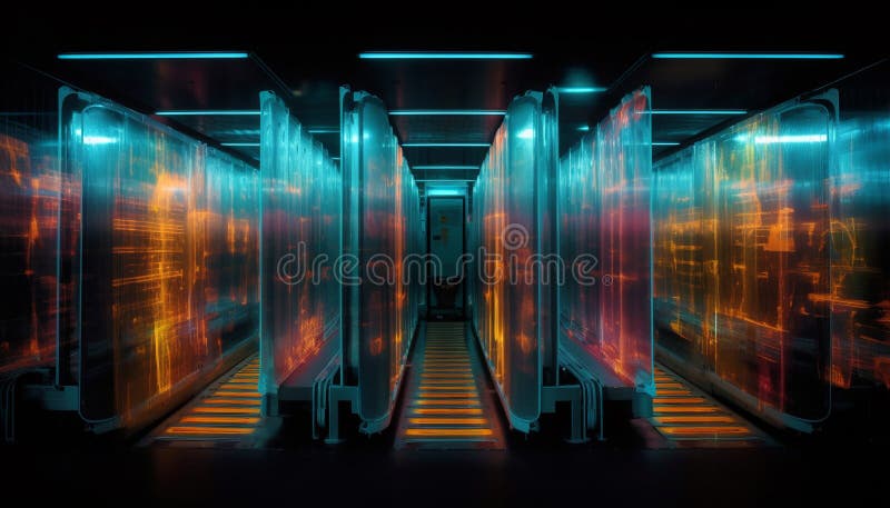 A Futuristic Computer Network Server Glows Blue in the Dark Generated ...