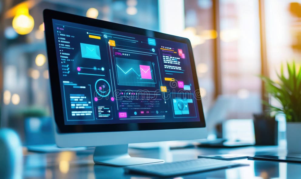 Futuristic Computer Screen Displaying Data Analytics, Email Notifications, and User Interface ...