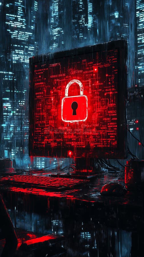 Red Lock Icon on a Computer Screen in a Futuristic, Rain-soaked City ...
