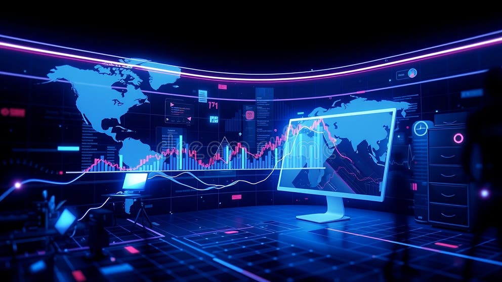 A Futuristic Computer Screen Displays Global Data and Graphs Stock ...