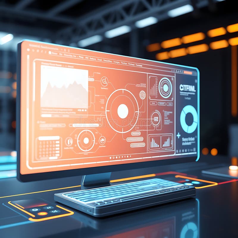 A Futuristic Computer Screen with Floating Holographic Controls Stock ...