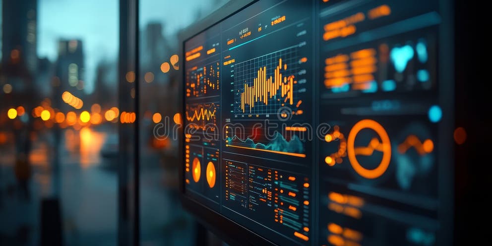 Futuristic Computer Screen Showing Real Time Data Analysis and Market Trends in a Modern Office ...