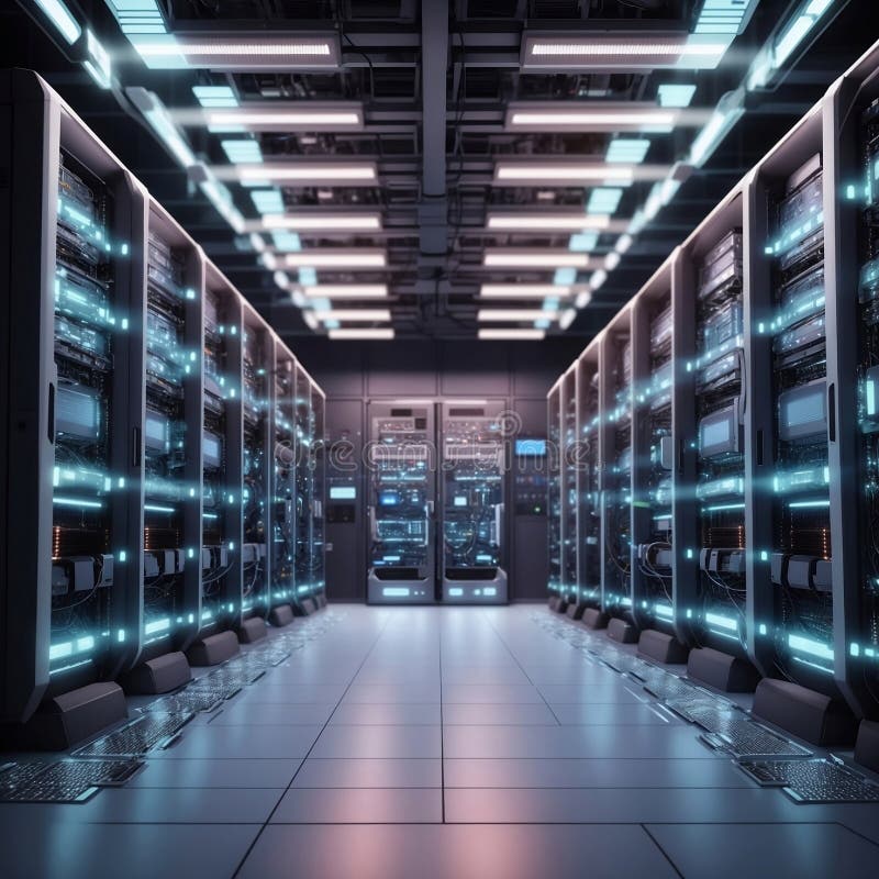 Futuristic Computer Server Room with Rows of Blinking Lights and Racks ...
