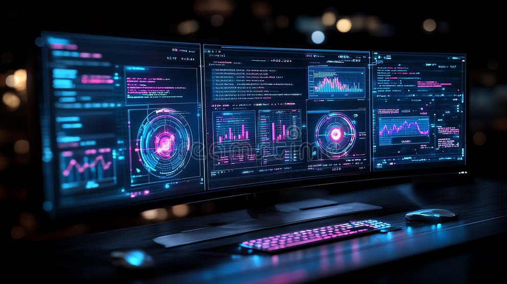 Futuristic Computer Setup with Multi-monitor Display and Vibrant Data Visualizations Stock ...