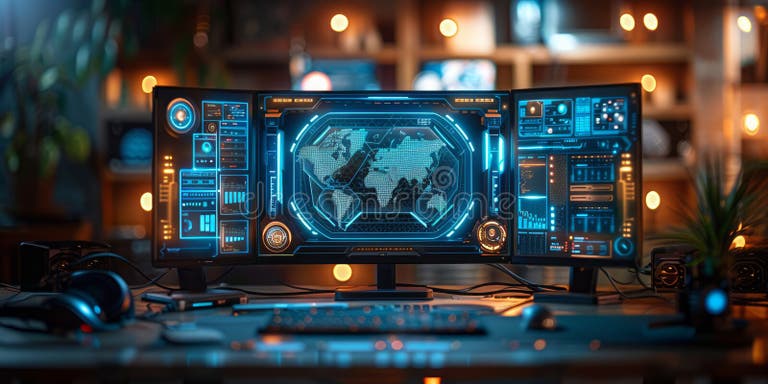 Futuristic Computer Setup with Multiple Monitors Displaying Digital Maps and Data Interfaces in ...