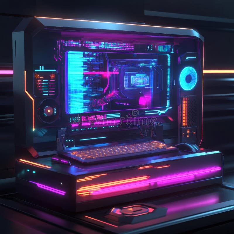 Futuristic Computer Setup with Neon Lights Stock Illustration ...